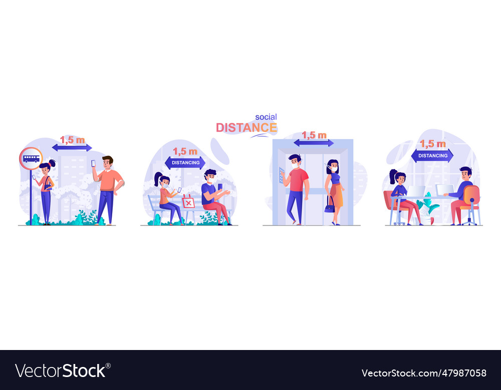 Social distance concept scenes set men and women Vector Image