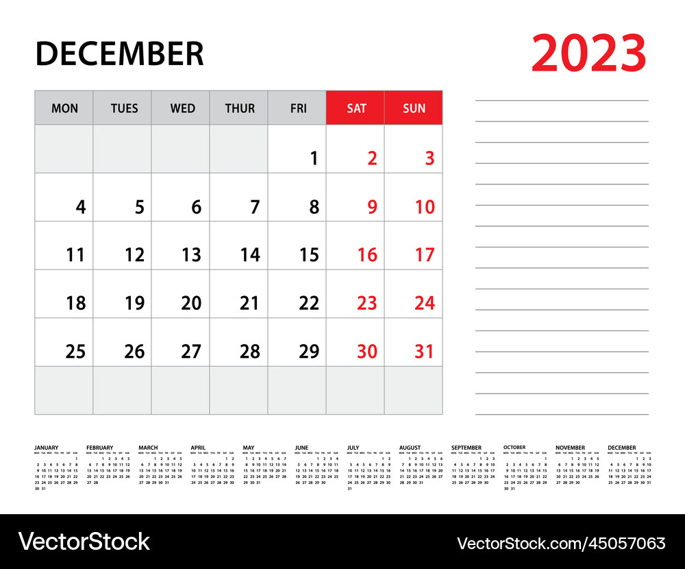 December 2023 year - calendar template week Vector Image