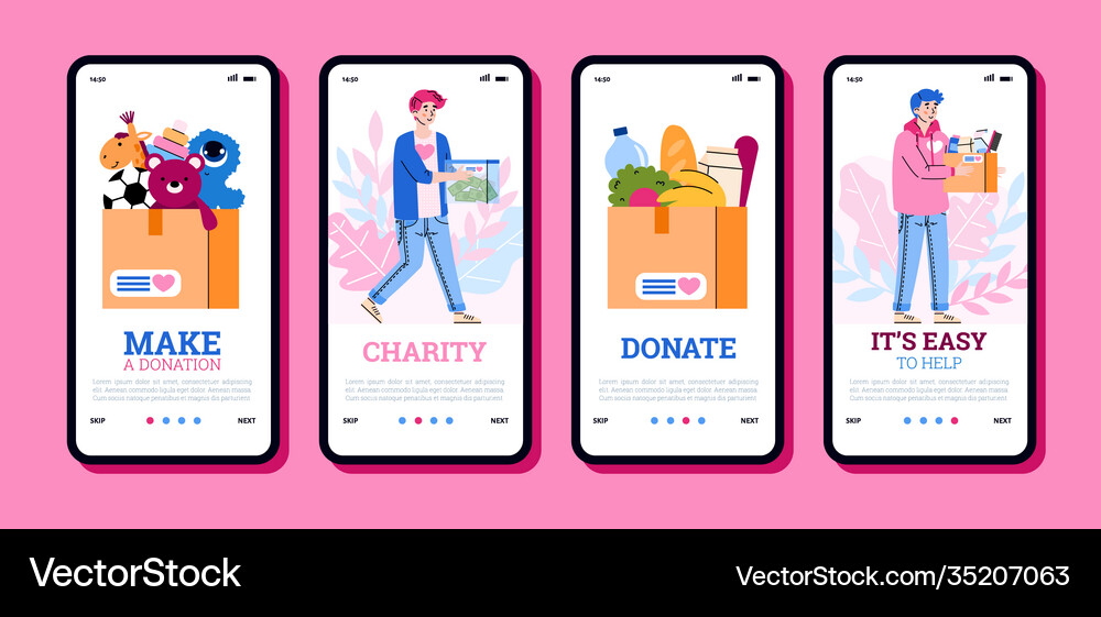 Onboarding screen design kit for charity donation Vector Image