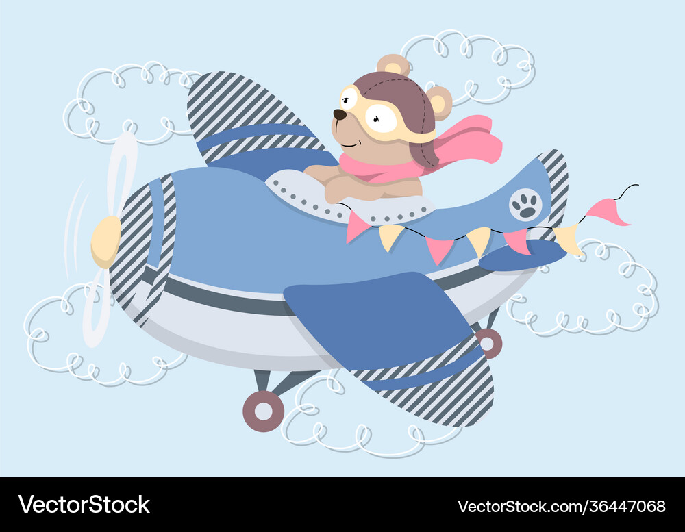 Cute cartoon teddy bear flying on plane Royalty Free Vector