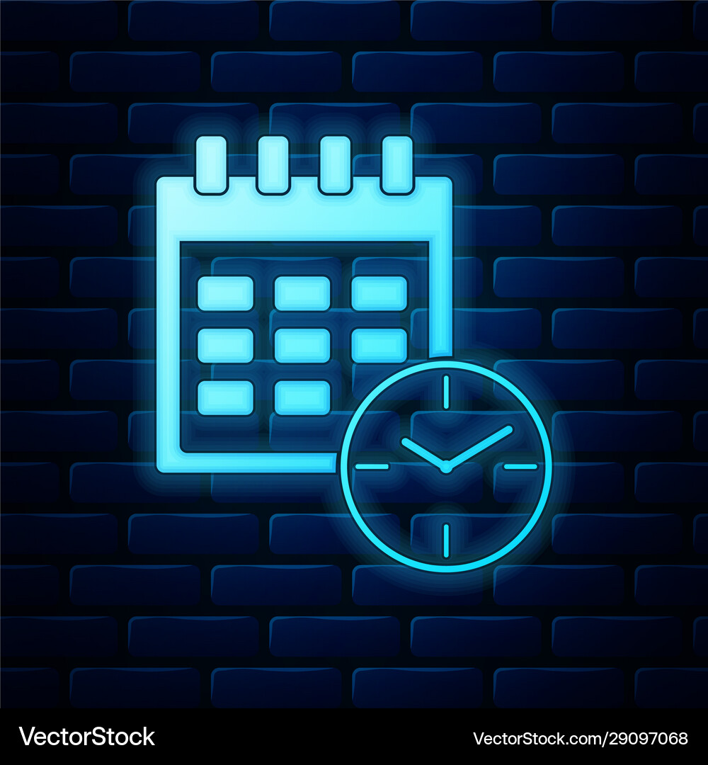Glowing neon calendar and clock icon isolated Vector Image