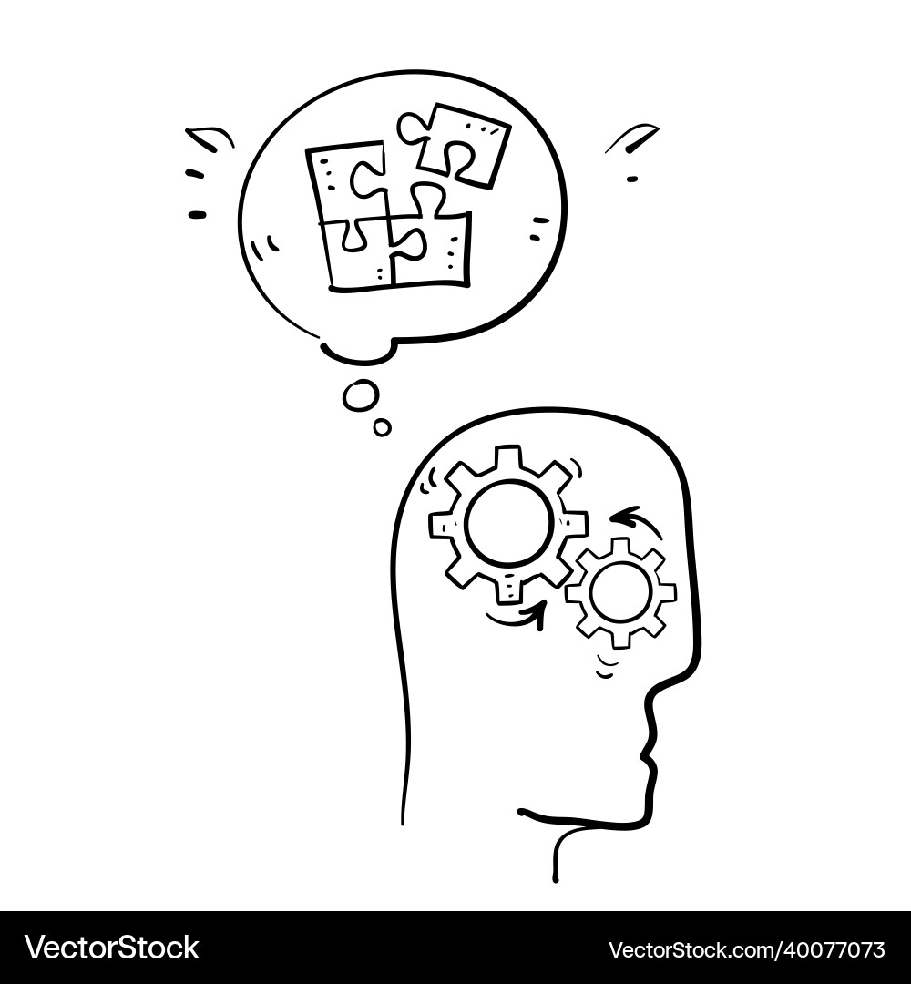 Hand drawn doodle brain gear and puzzle symbol Vector Image