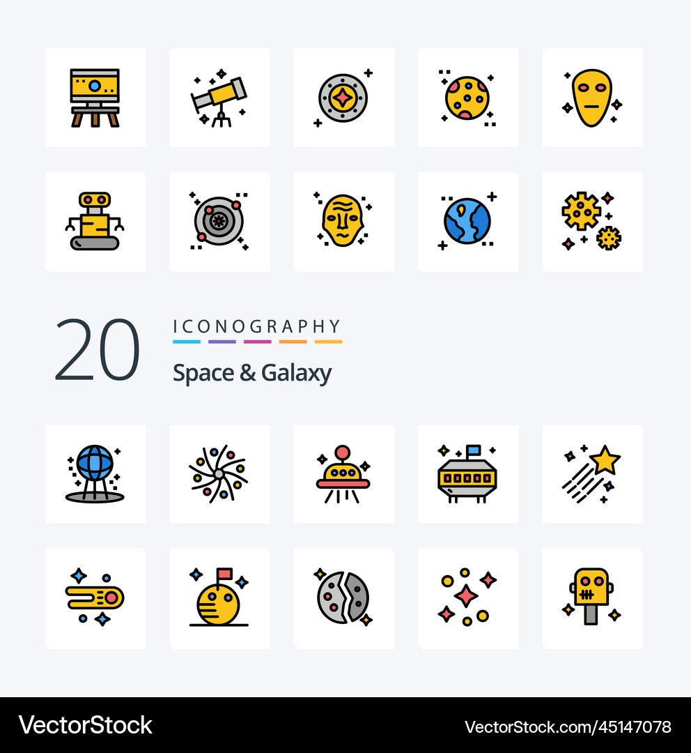 20 space and galaxy line filled color icon pack Vector Image