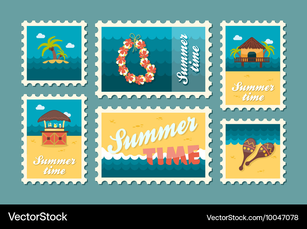 Island beach stamp set summer vacation Royalty Free Vector