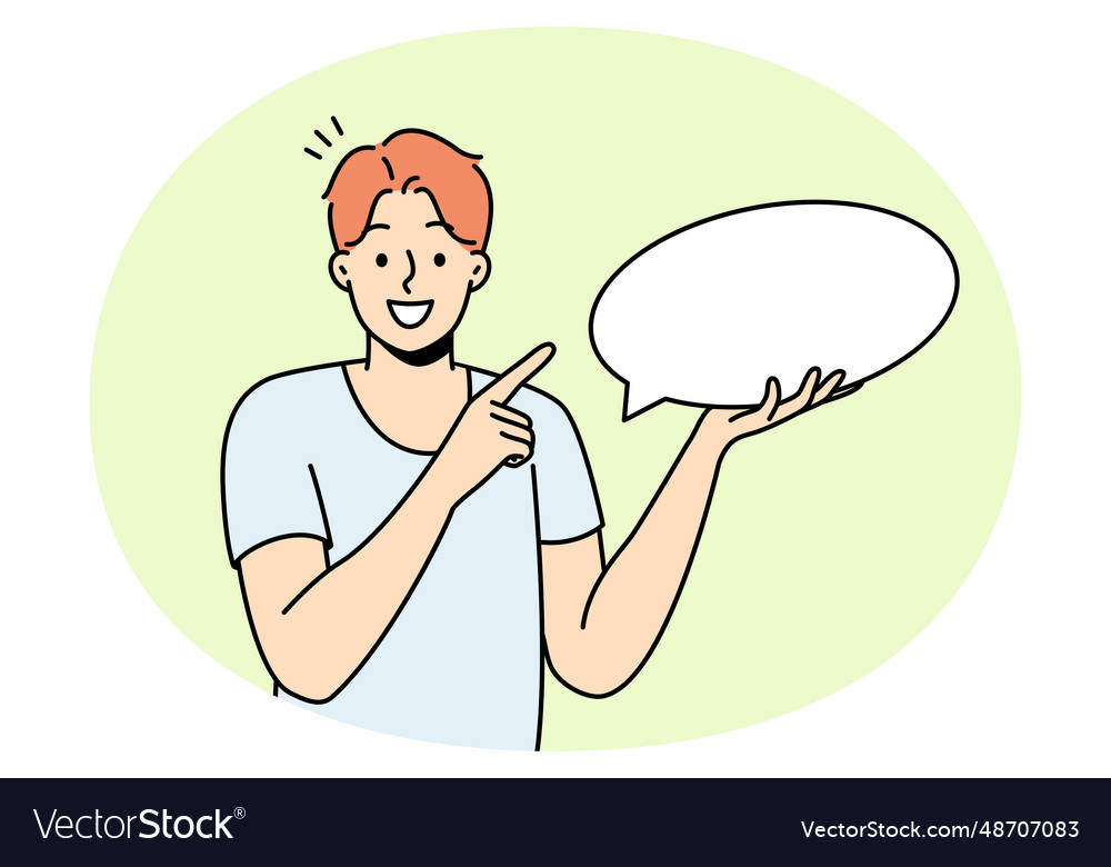 Smiling man point at mockup speech bubble Vector Image
