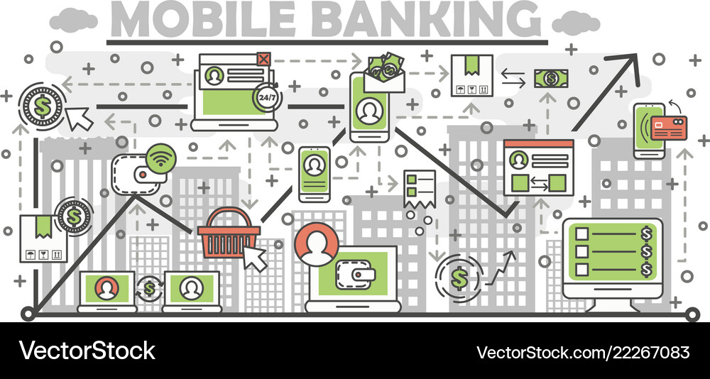 Thin line art mobile banking poster banner Vector Image