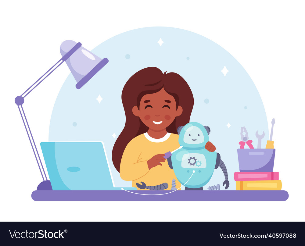 Little girl building a robot robotics Royalty Free Vector
