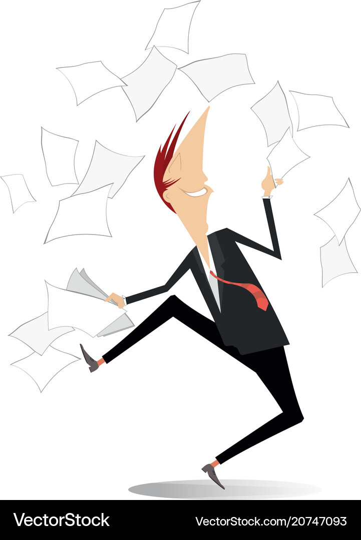 Happy man tossing papers excited about something Vector Image