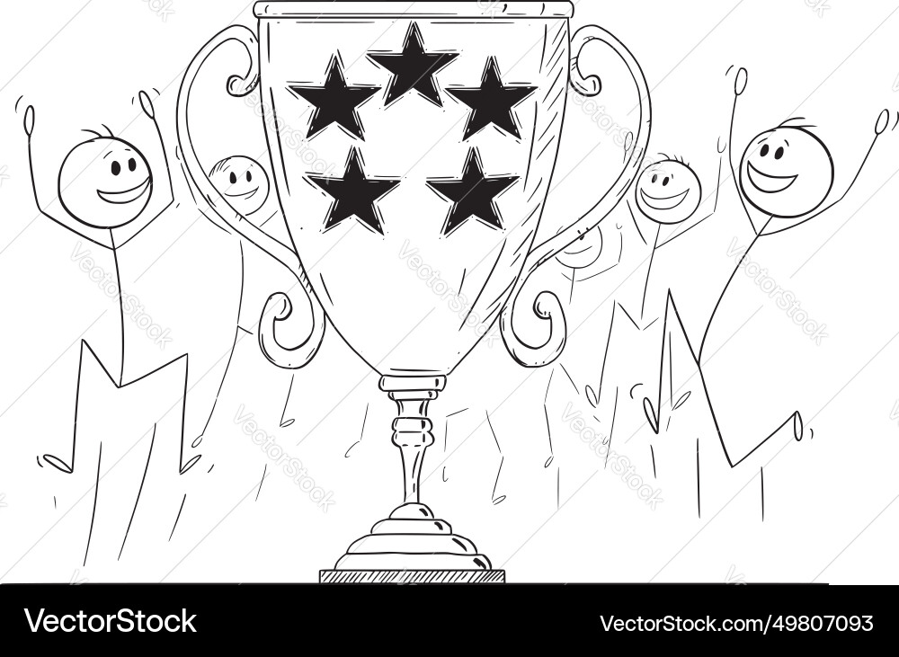Team celebrating with victory trophy cup cartoon Vector Image