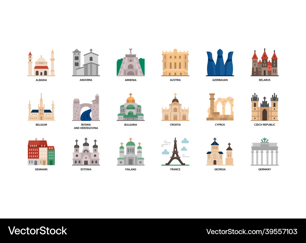 European cities landmarks icons set Royalty Free Vector