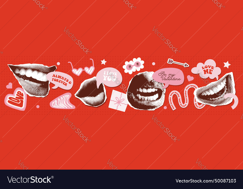Groovy valentines day collage elements set retro Vector Image