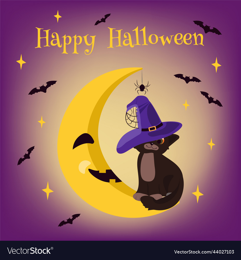 Happy halloween card the cat in the witch hat Vector Image