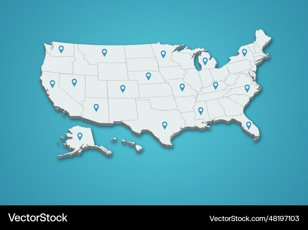 United state map 3d with location pin on isolated Vector Image