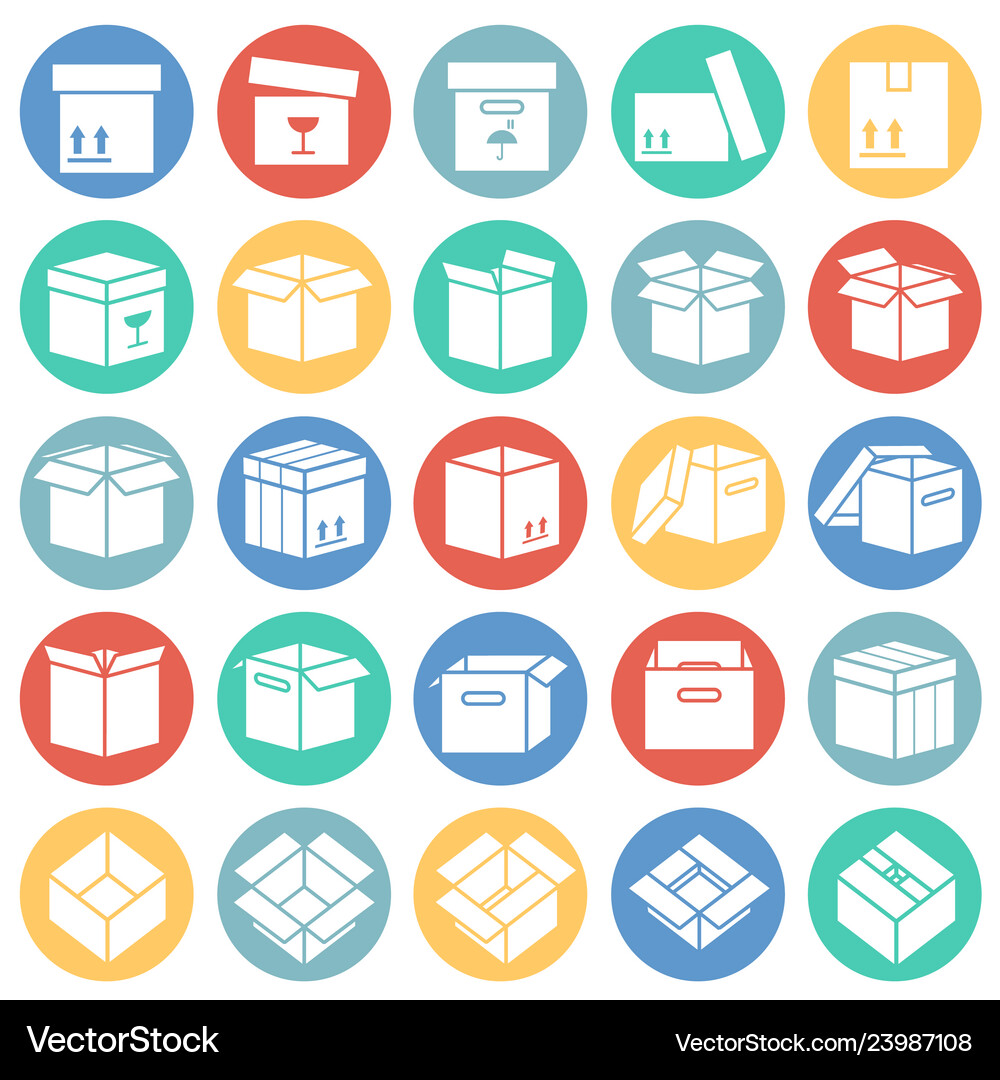 Box icons set on color circles white background Vector Image