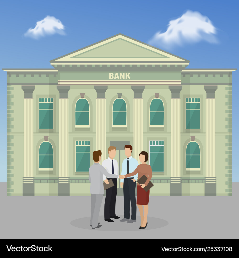 Group people standing on bank building facade Vector Image