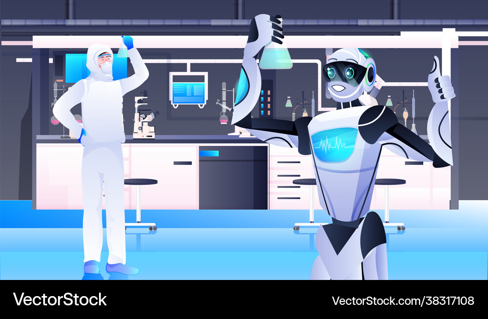 Robot with male scientist in protective suit Vector Image