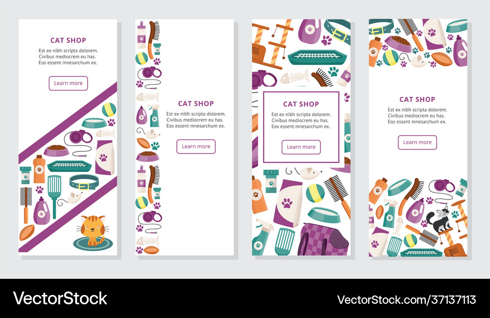 Cat shop vertical banners with pets care Vector Image