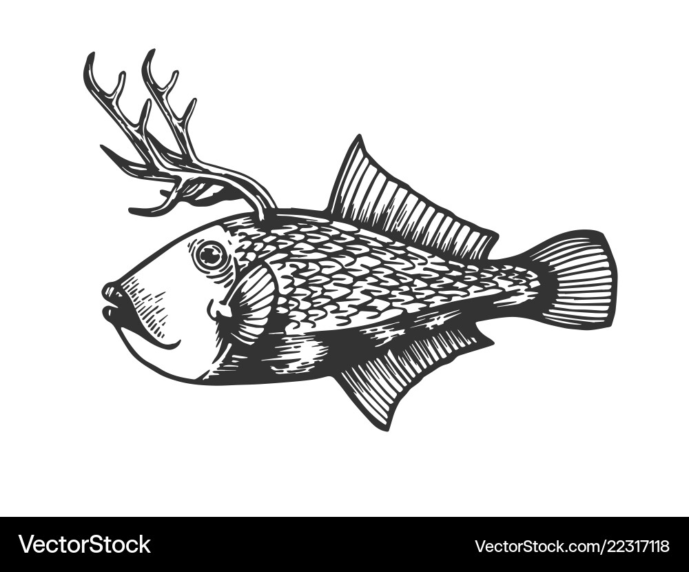 Fantastic deer fish animal engraving Royalty Free Vector
