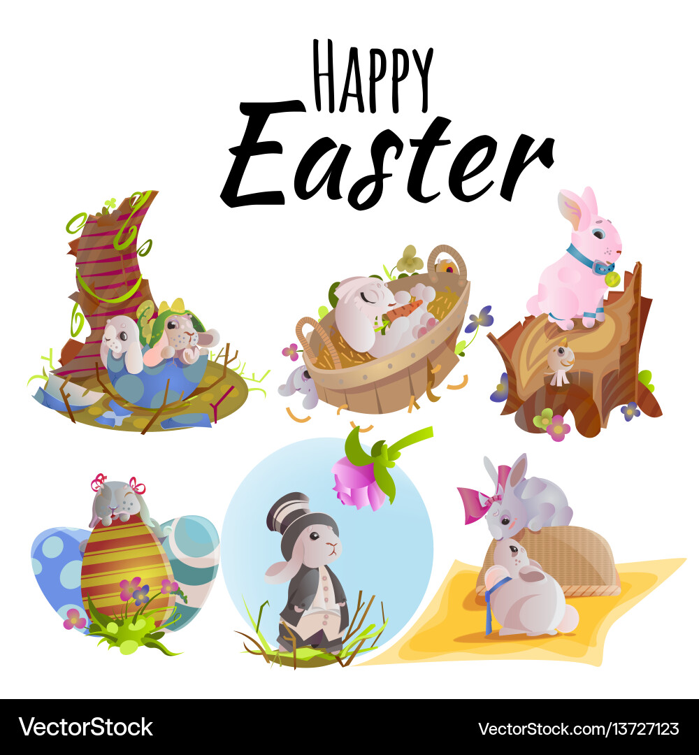 Happy and cute easter bunny sitting in basket Vector Image
