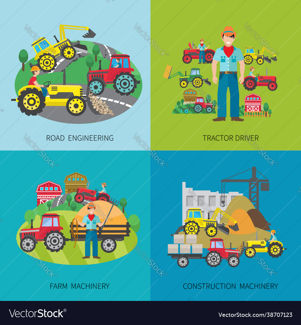 Tractor driver flat set Royalty Free Vector Image