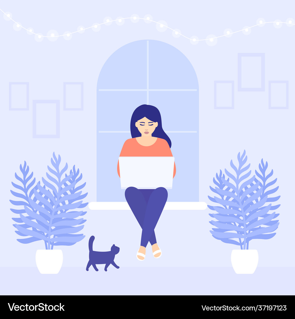 Woman working at home sitting window Royalty Free Vector