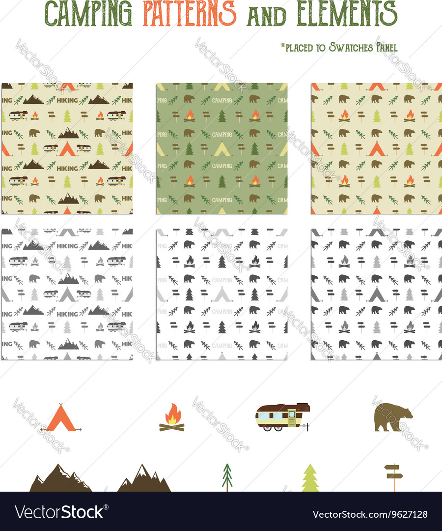 Camping patterns and hiking elements set - tent Vector Image