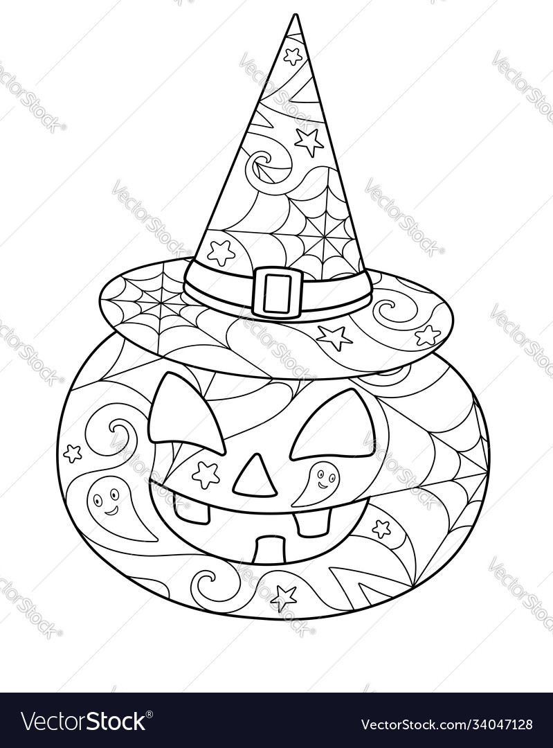 Halloween pumpkin in a witchs hat - coloring Vector Image