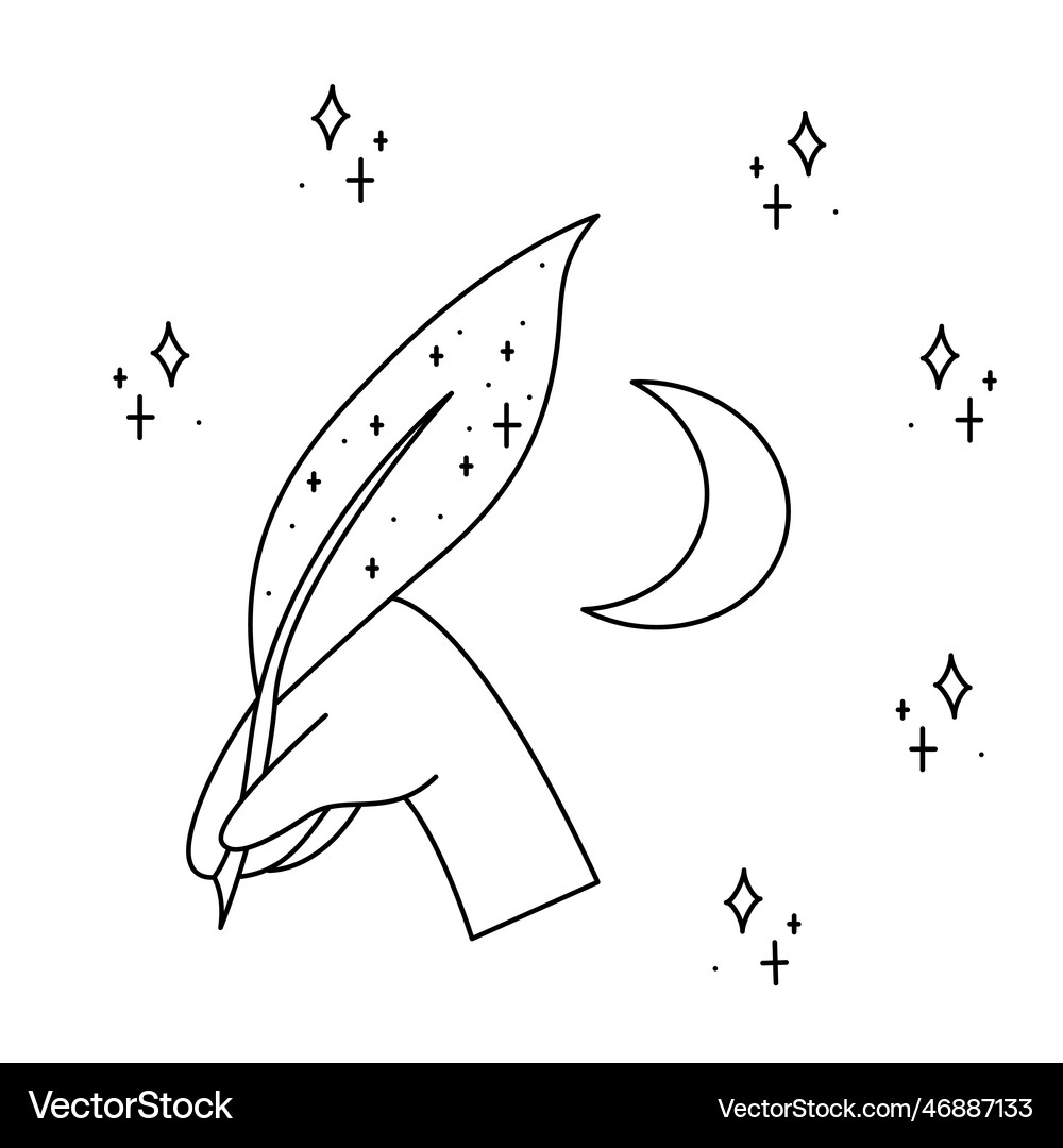 A magical feather in hand and crescent moon Vector Image
