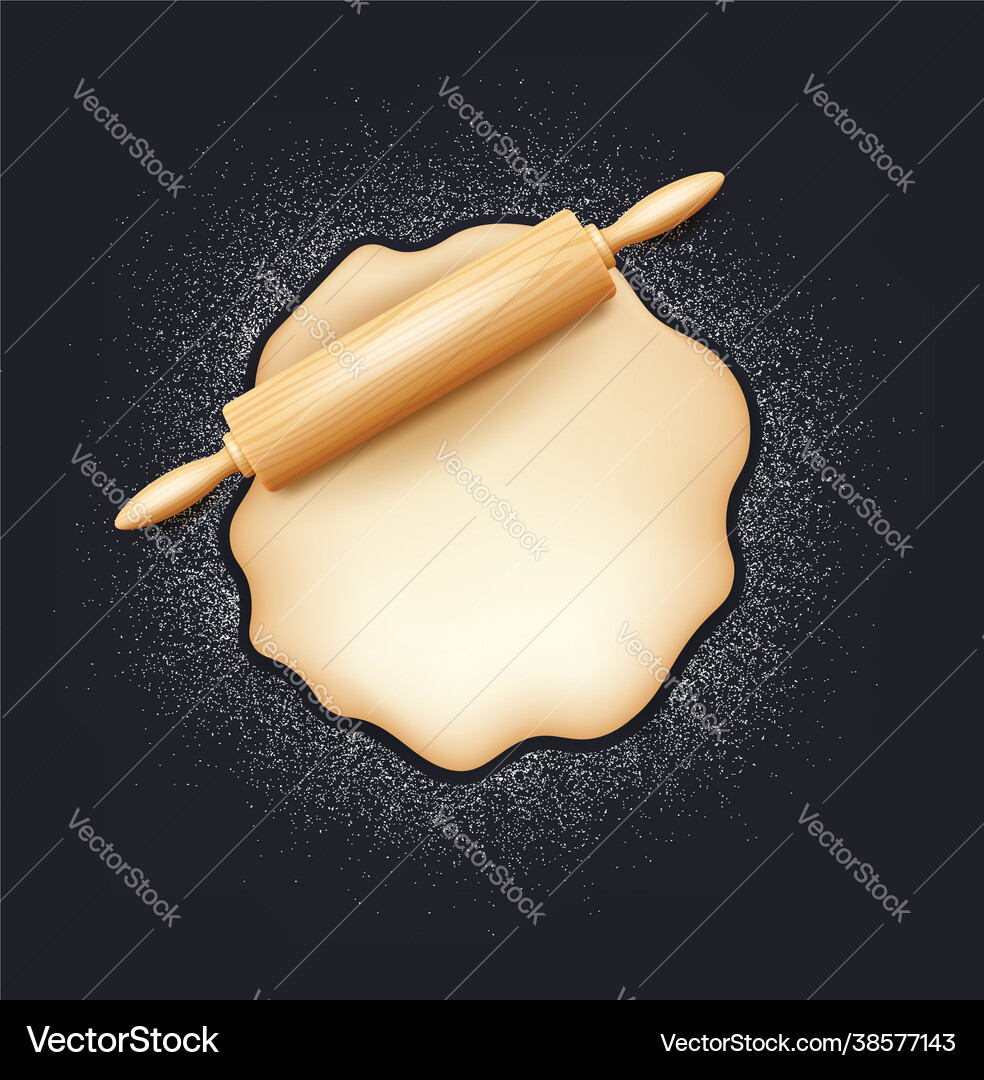 Realistic wooden rolling pin and kneading dough Vector Image