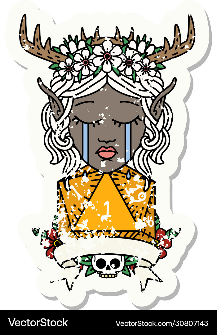 Sad elf druid character face with natural one d20 Vector Image