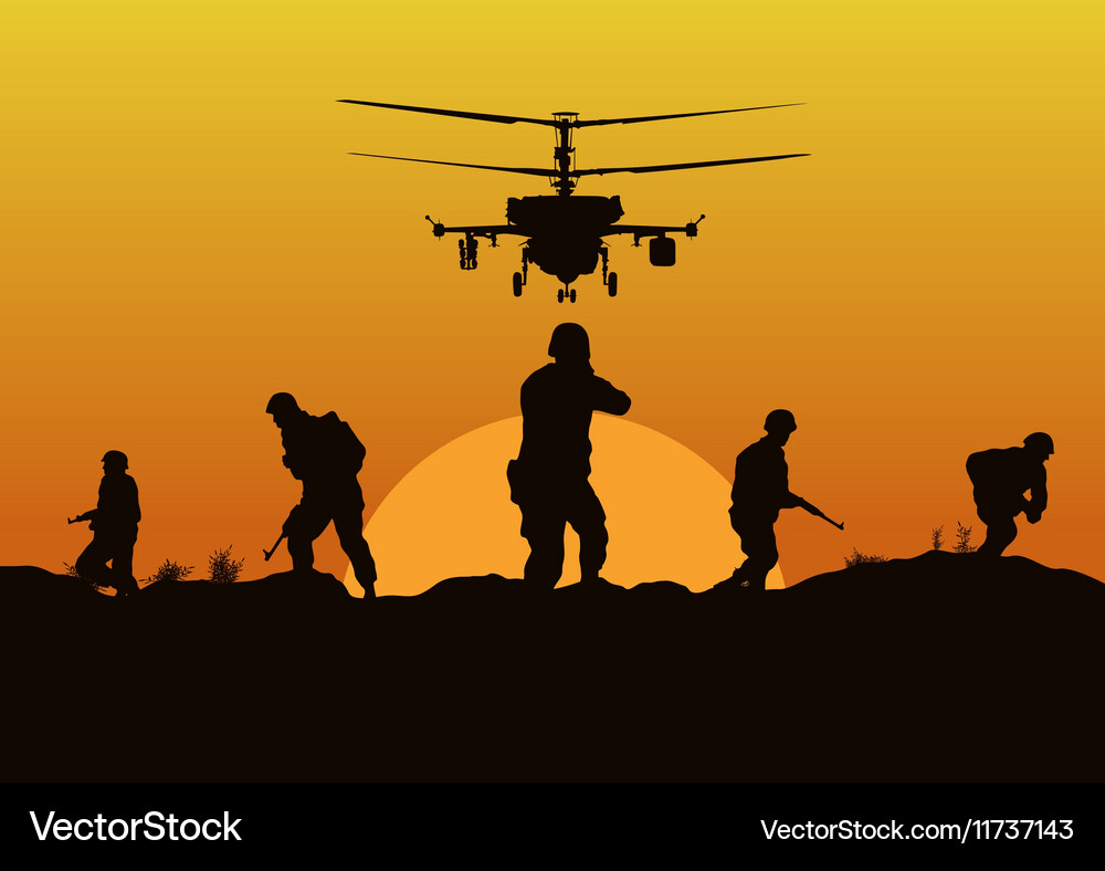 Soldiers going to attack and helicopters Vector Image