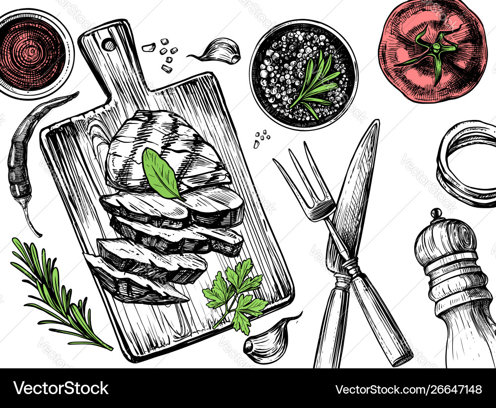 Barbecue grill hand drawn food set Royalty Free Vector Image
