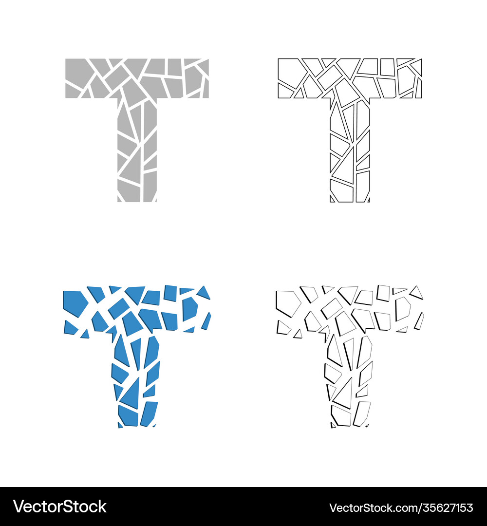Broken t letter set glass and pieces Royalty Free Vector