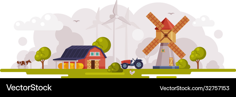 Farm scene with red barn windmill and wind Vector Image