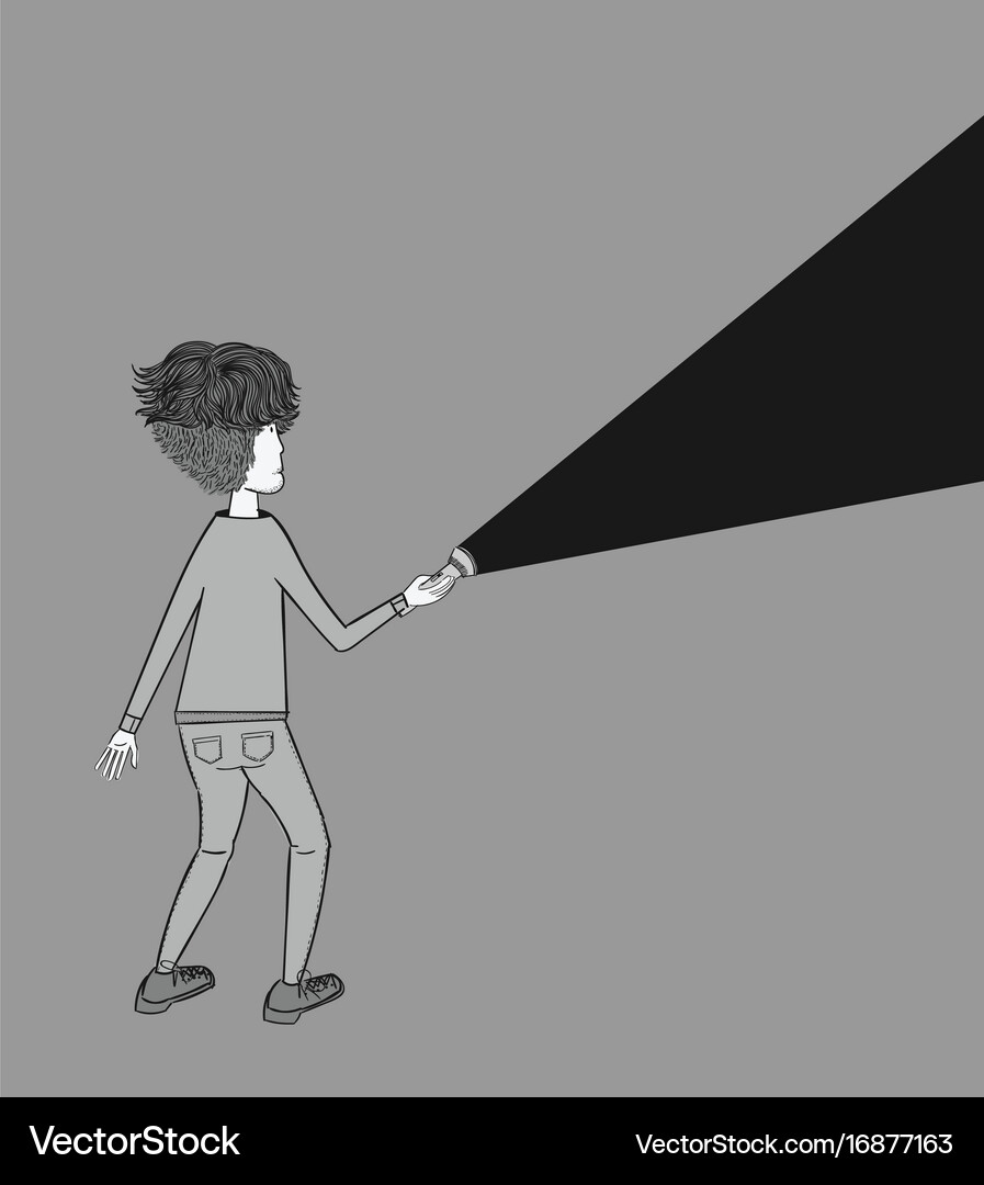 A young man holding a flashlight shines in dar Vector Image