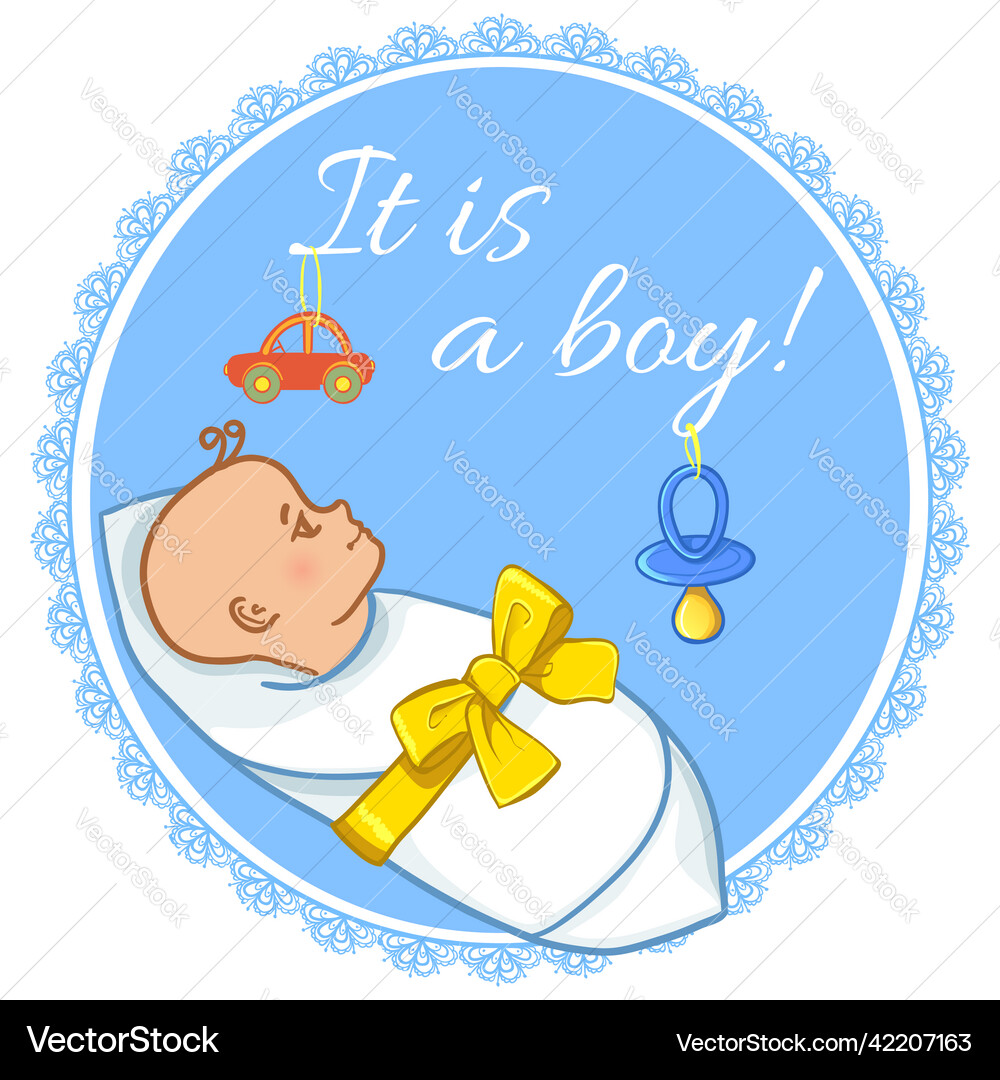 Baby greeting blue label for boy with pacifier Vector Image