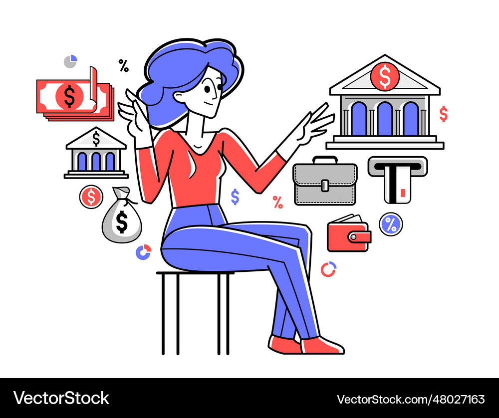 Banking outline woman manager working Royalty Free Vector