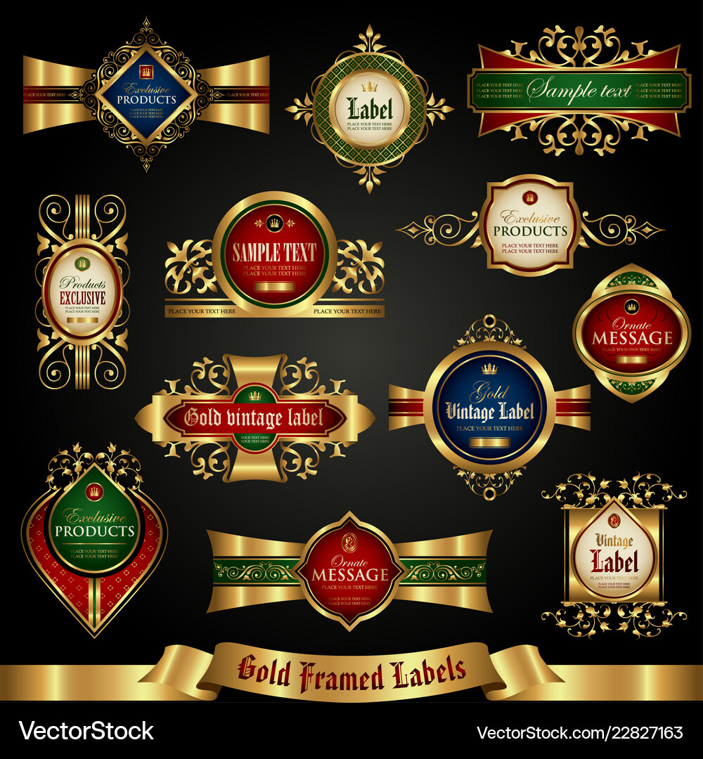 Gold-framed colorful labels - exclusive set Vector Image