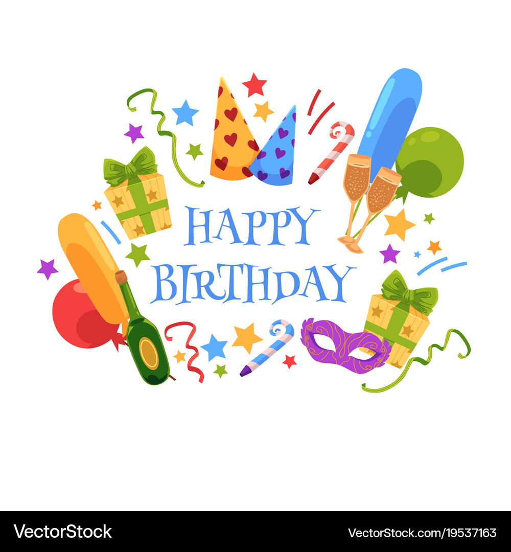 Happy birthday greeting card with party objects Vector Image