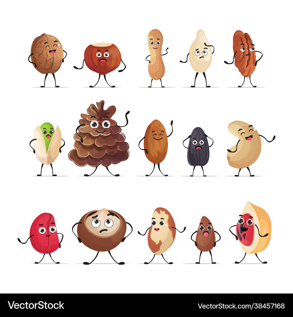 Set cute nuts and seeds characters cartoon mascot Vector Image