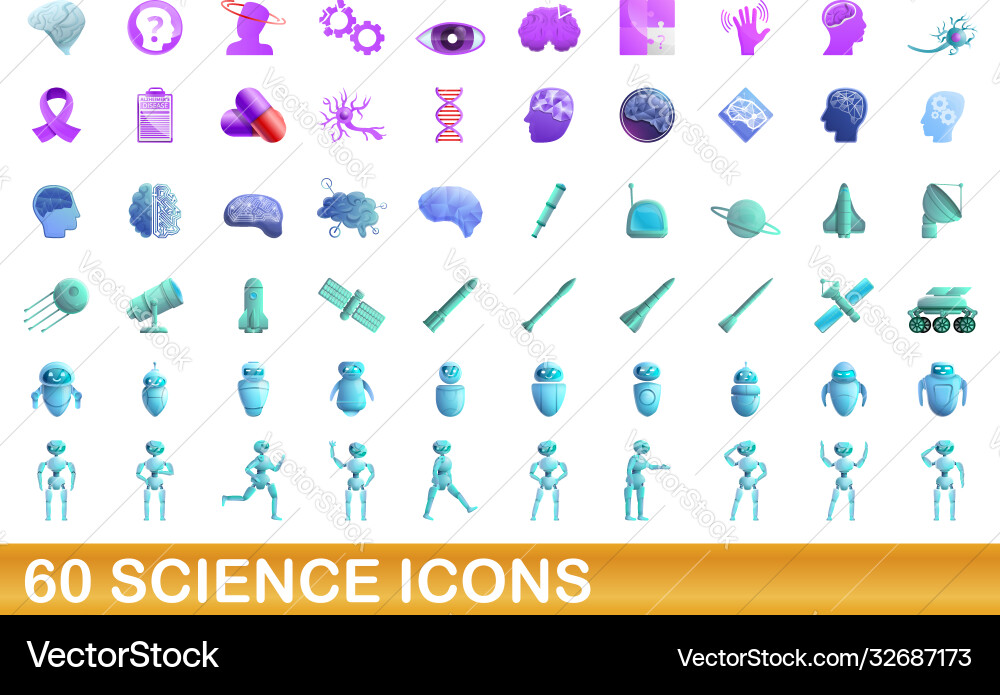 60 science icons set cartoon style Royalty Free Vector Image