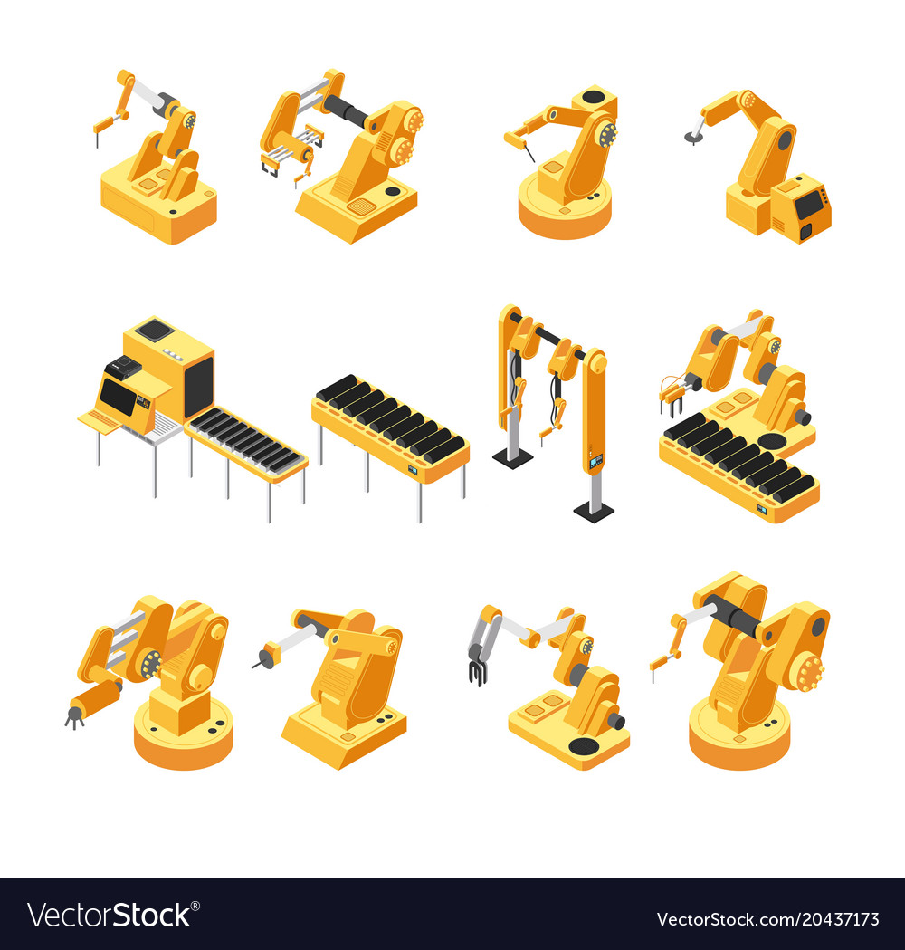 Industry robot machinery mechanical arm isometric Vector Image Industry robot machinery mechanical arm isometric Vector Image