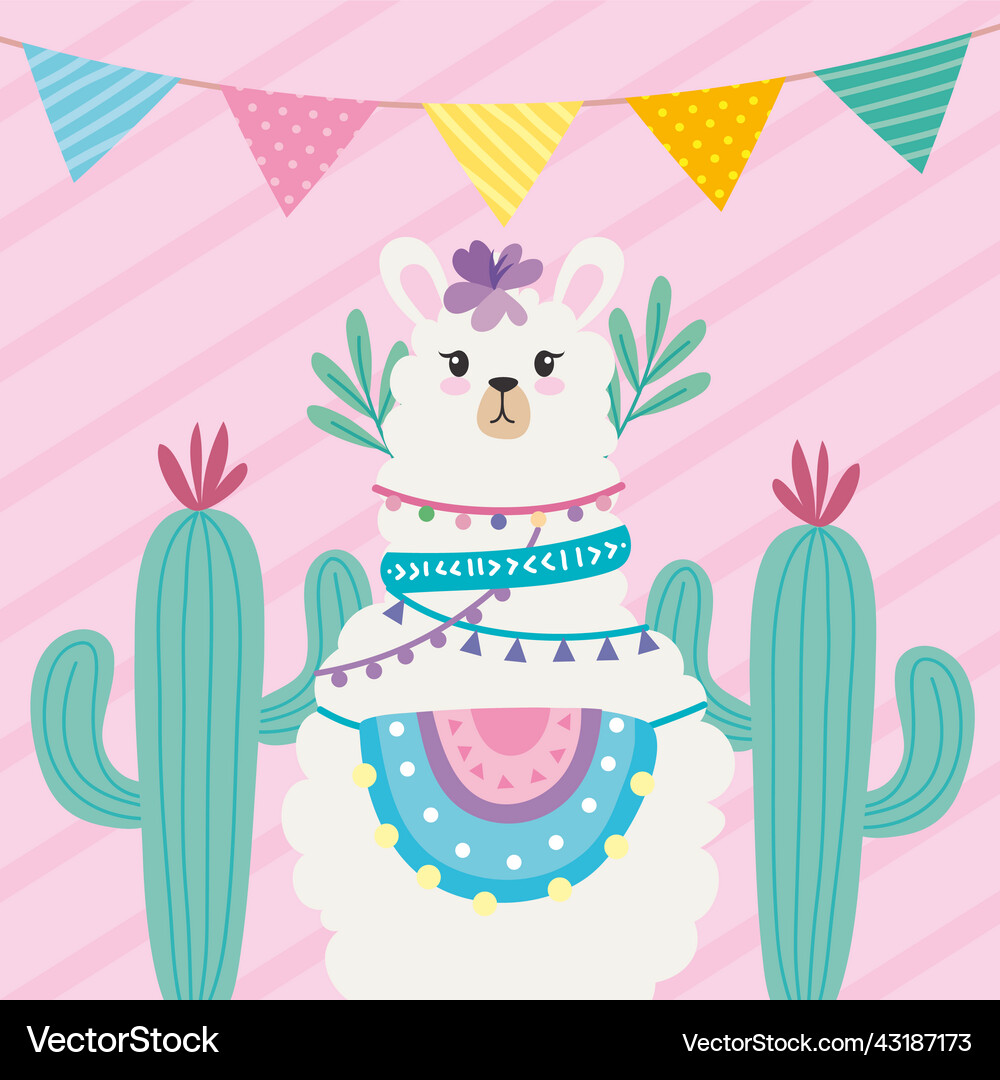 Sweet llama with cactus plants Royalty Free Vector Image