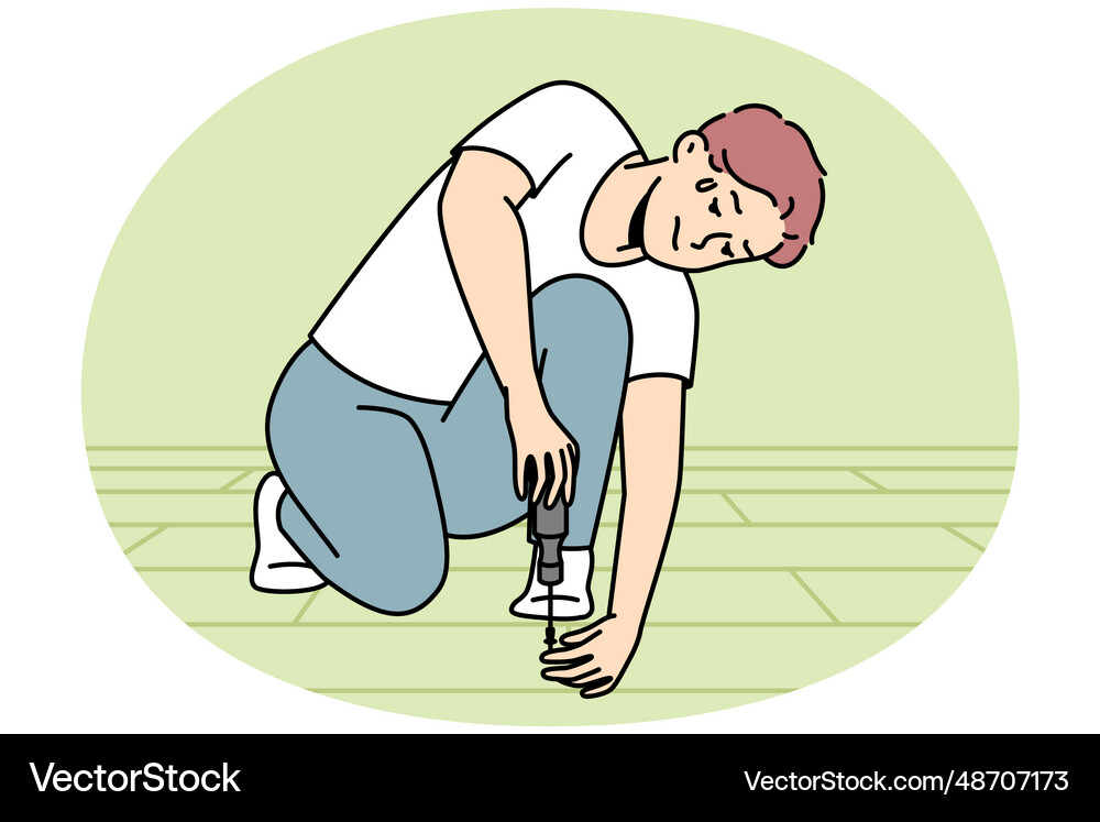 Young man with screwdriver put parquet at home Vector Image