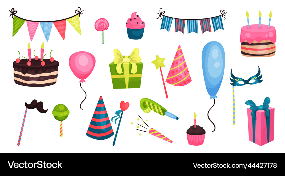 Birthday party symbols and attribute with cake Vector Image