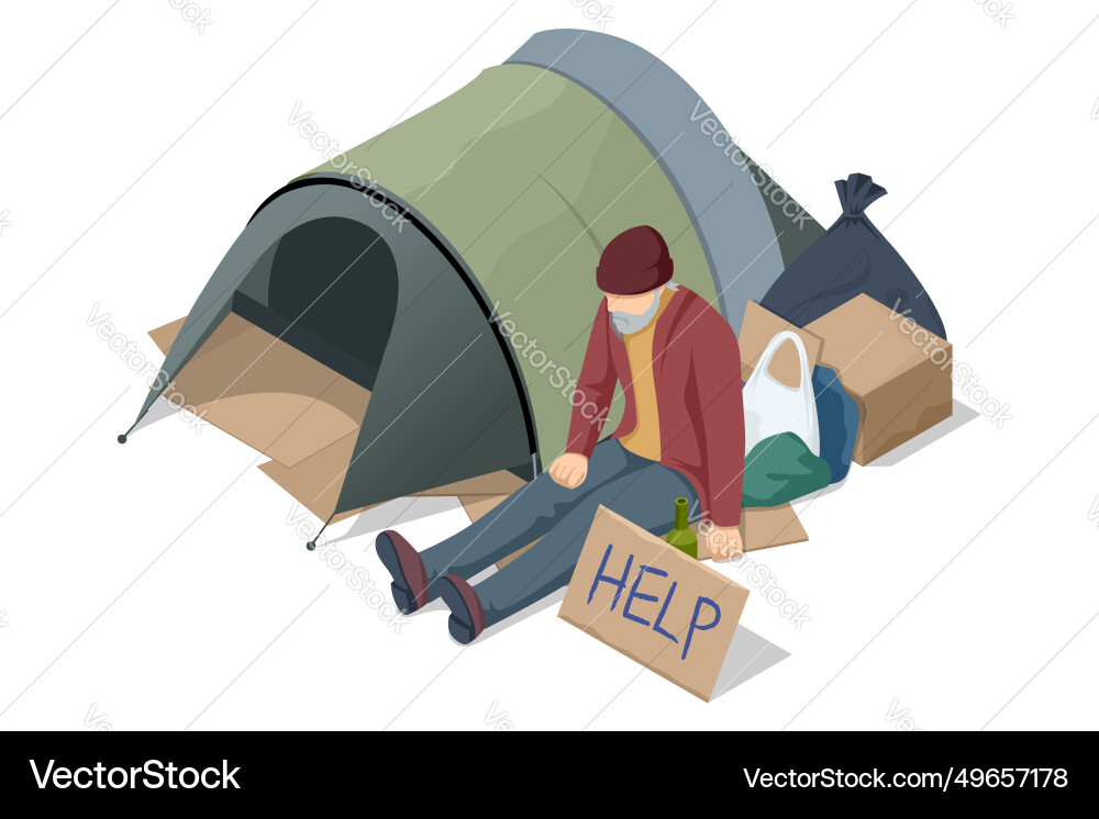Isometric homeless needing help begging money man Vector Image