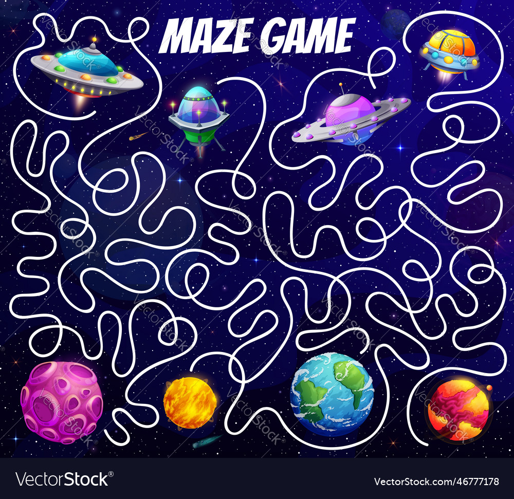 Kids galaxy labyrinth maze ufo and space planets Vector Image
