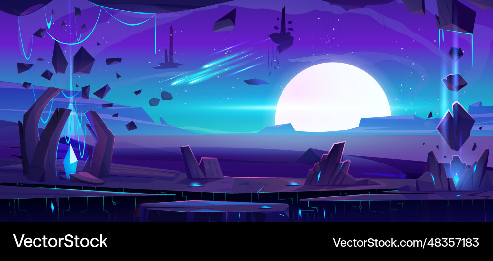 Alien planet surface with crystal in cave Vector Image