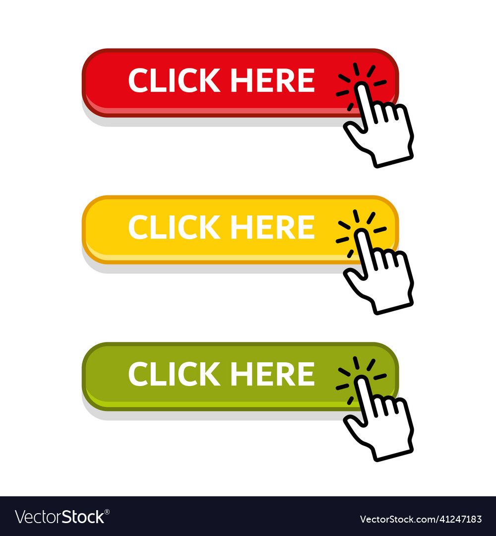 Color click here button set with hand pointer Vector Image