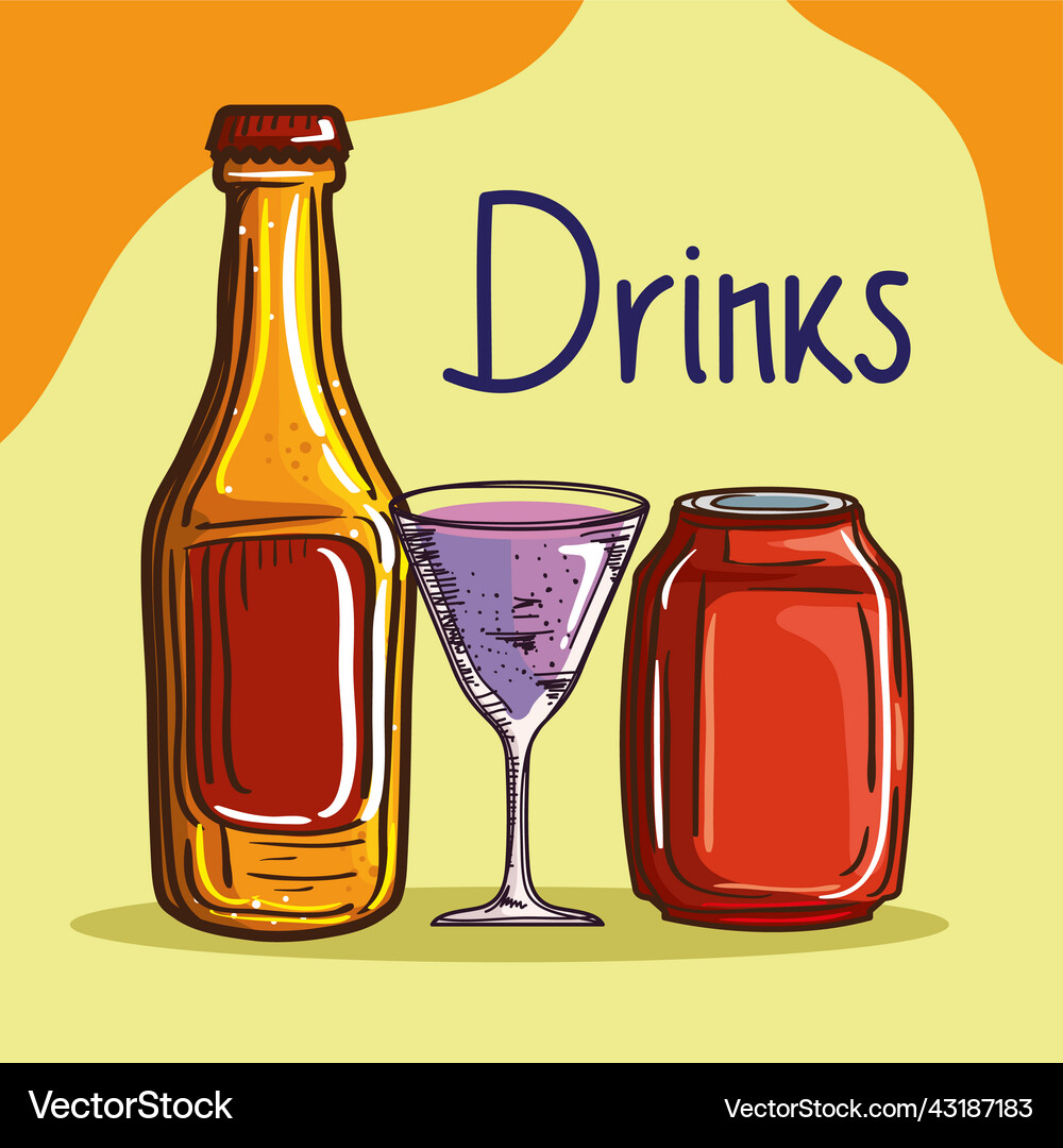 Drinks lettering with beers and cocktail Vector Image